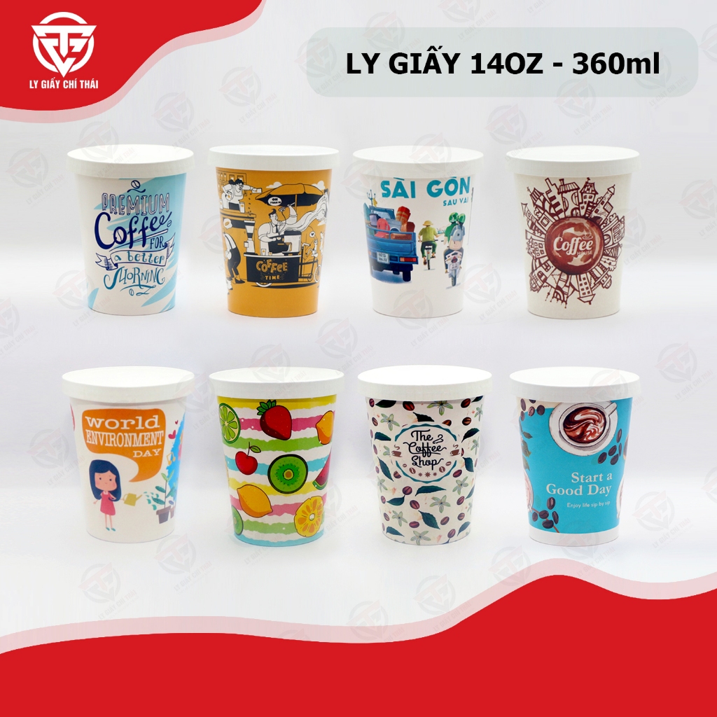 SET 100c Ly Giấy Cốc Giấy 14oz 360ml Ly In sẵn Siêu Đẹp, dành cho quán Cafe Take Away và Trà sữa ...