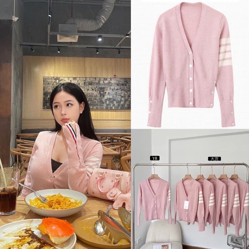 Áo Khoác Cardigan Len Thom Màu Hồng 4 Sọc Trắng Dệt Cao Cấp | Shopee ...