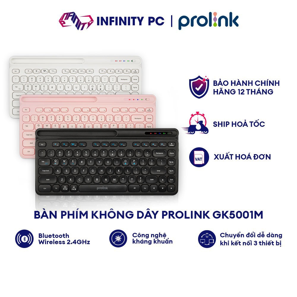 Bàn phím không dây PROLiNK GK5001M, tối đa 3 kết nối Bluetooth, Wireless, gọn nhẹ nhiều màu ...