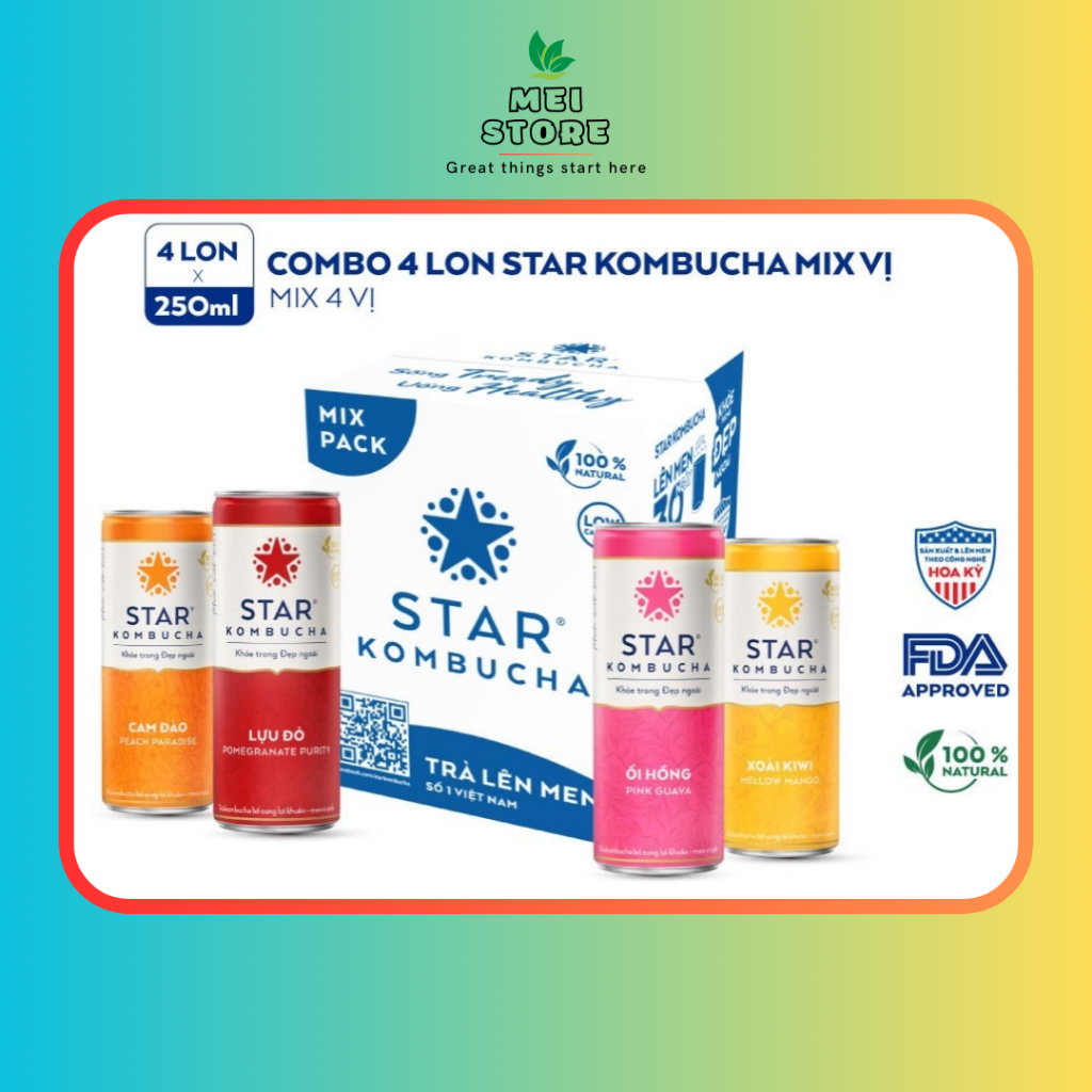 Combo 4 lon trà STAR KOMBUCHA mix vị (250ml/lon) - trà lên men vi sinh ...