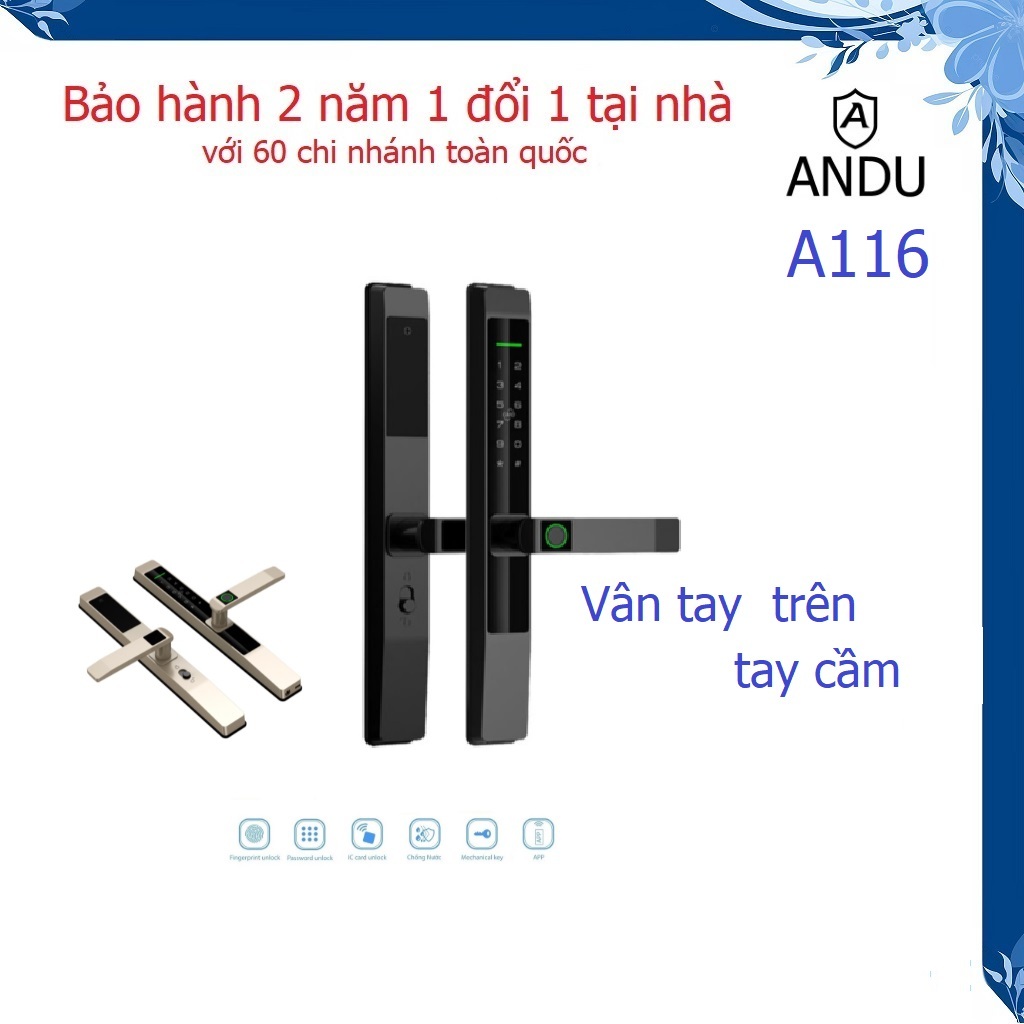 A116 ANDU Khóa vân tay cửa Nhôm, Sắt App tiếng việt, remote, bảo hành 1 ...
