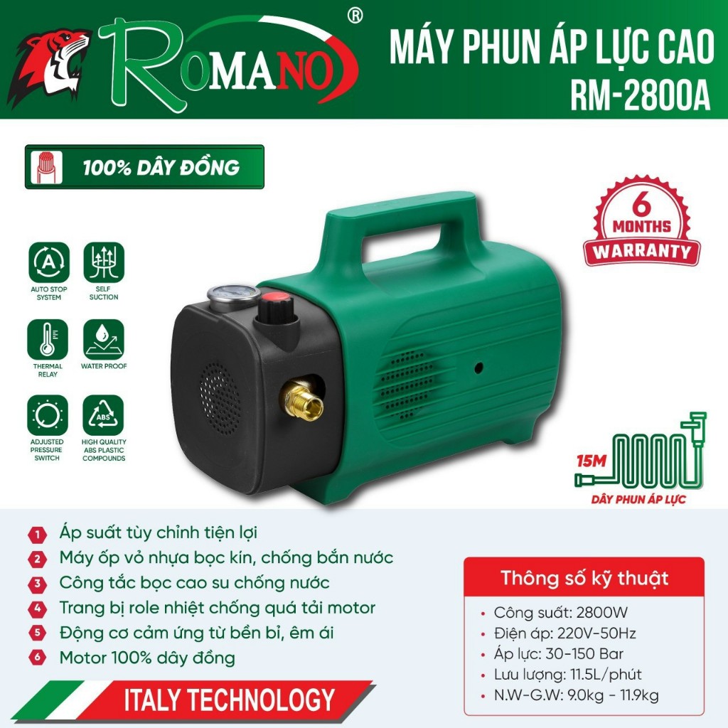 Máy rửa xe cao áp ROMANO 2800W dây đồng có chỉnh áp | Shopee Việt Nam