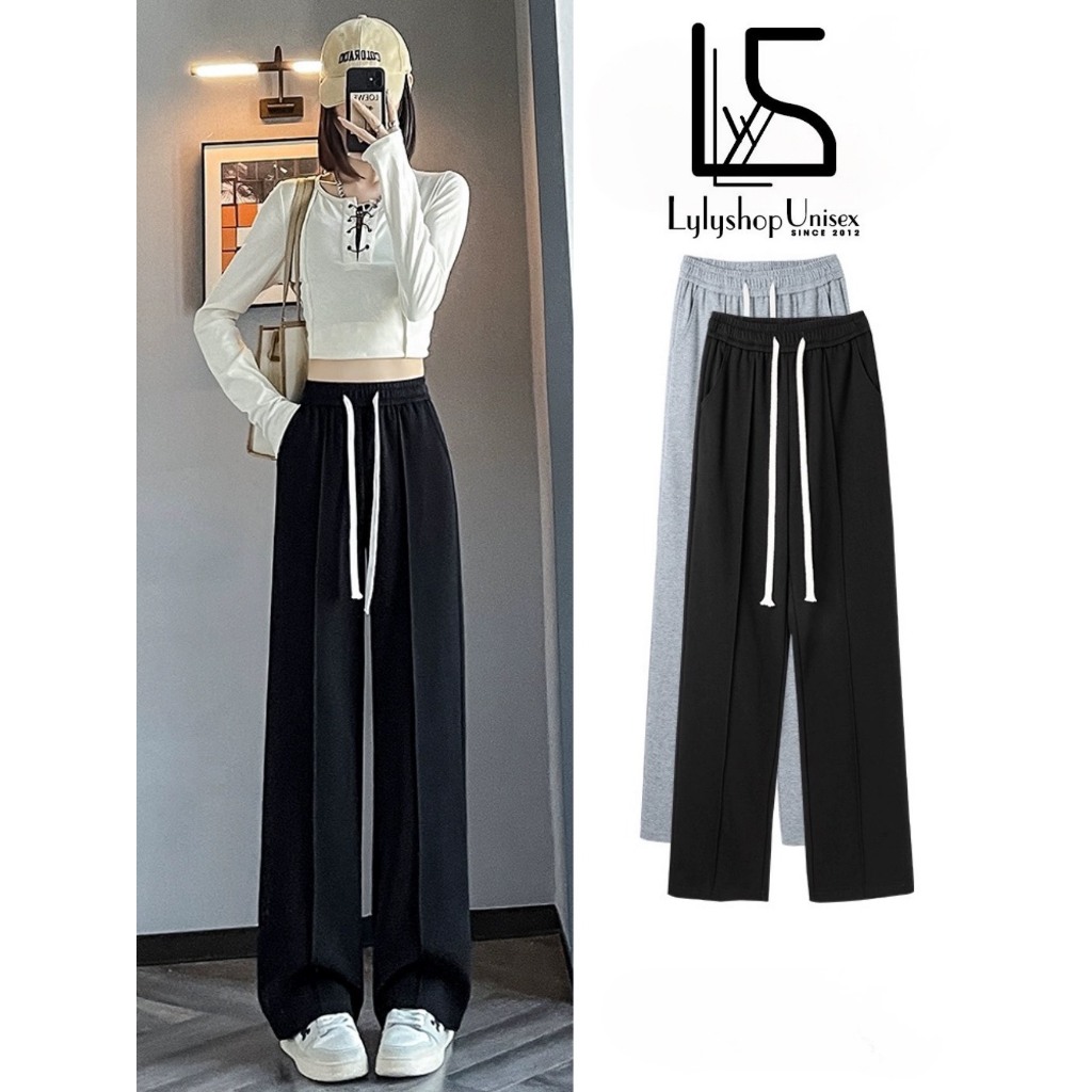 Quần ống Rộng Vải Gold Lụa Lylyshopunisex Kiểu Quần Dài Cạp Chun Có Li Giữa Che Khuyết điểm Chân