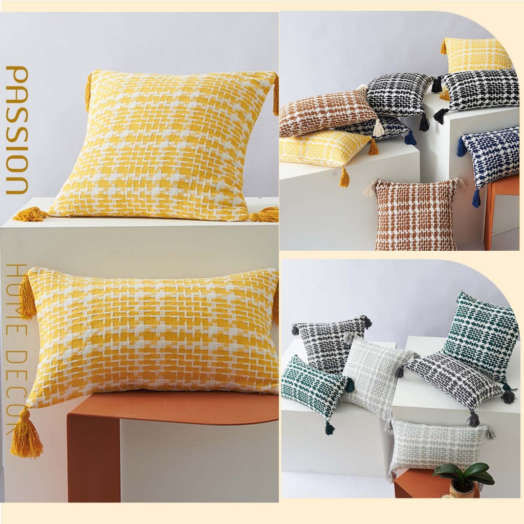 Vỏ Gối Tựa Lưng Sofa Đan Caro Bông Dệt Sợi Tua Rua Rustic | Shopee Việt Nam