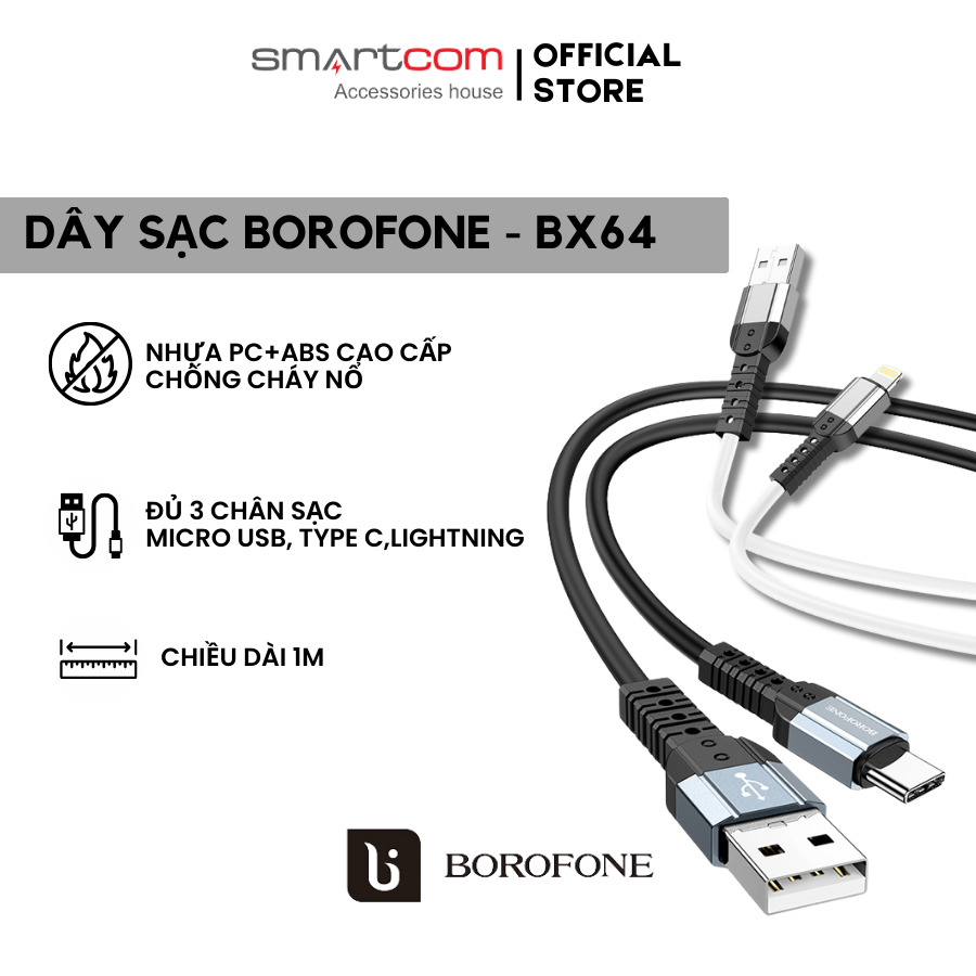 Cáp sạc nhanh Borofone dây silicone 3A siêu nhẹ và bền bỉ, dây truyền ...