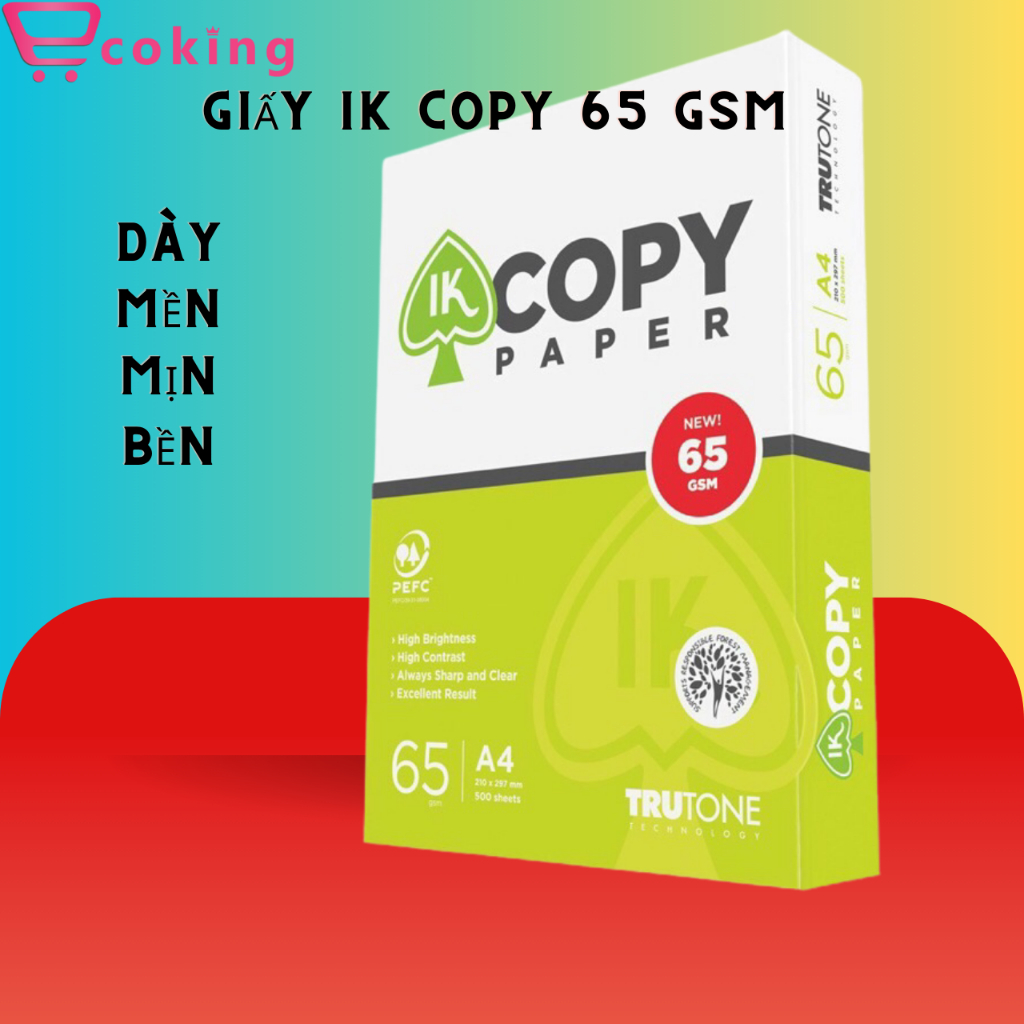 Giấy Flexoffice A4 - IK COPY 65 gsm ECOKING, 500 TỜ/REAM, Nhập khẩu Indonesia dày mền mịn lưu ...