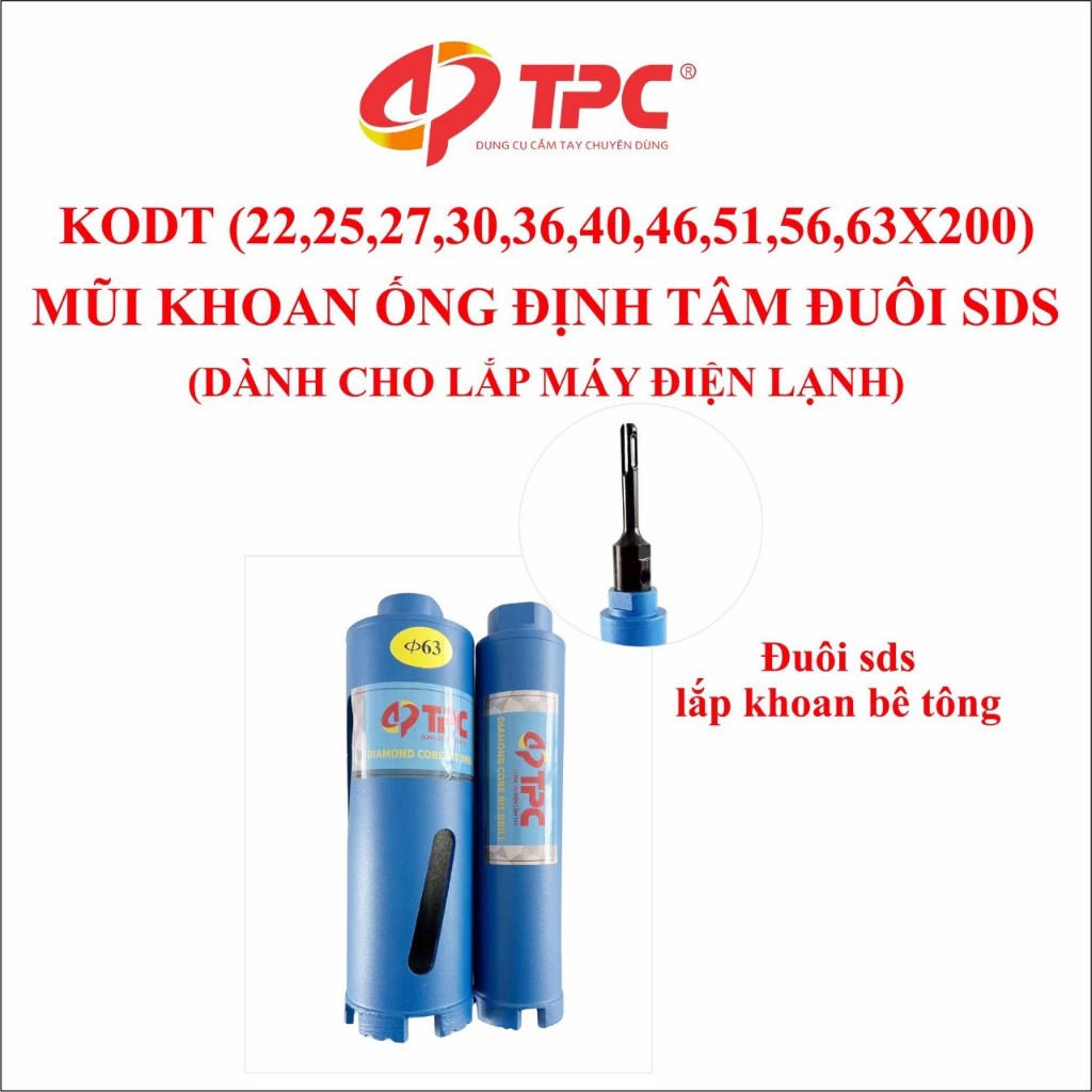 22-63mm Mũi khoan rút lõi bê tông dài 200mm TPC, mũi khoan rút lõi khô có định tâm đuôi cài SDS ...