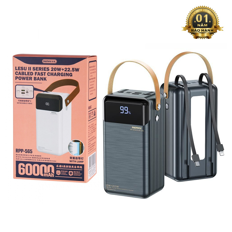 Pin dự phòng Remax RPP-565 60000mAh QC 22.5W và PD 20W, 2 cáp sạc, có đèn pin (2 MÀU) bảo hành ...