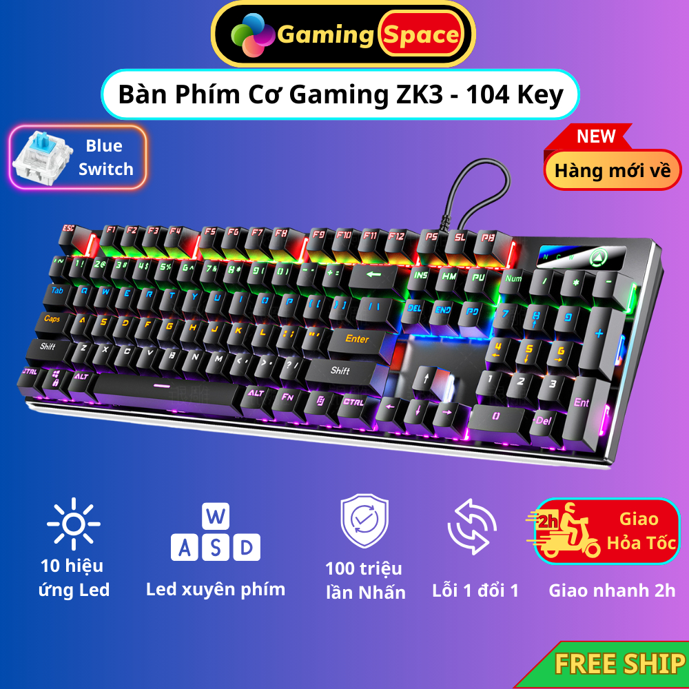 Bàn phím cơ Gaming có dây ZK3 pro 104 key Blue switch Full size kèm ...