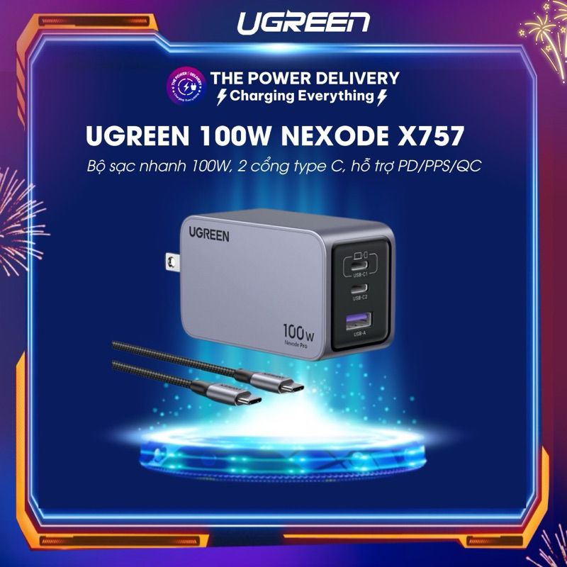 Bộ sạc nhanh UGREEN 100W NexodePro GaN X757 với 2 cổng Type C, hỗ trợ PD/PPS/QC, có tặng kèm cáp ...