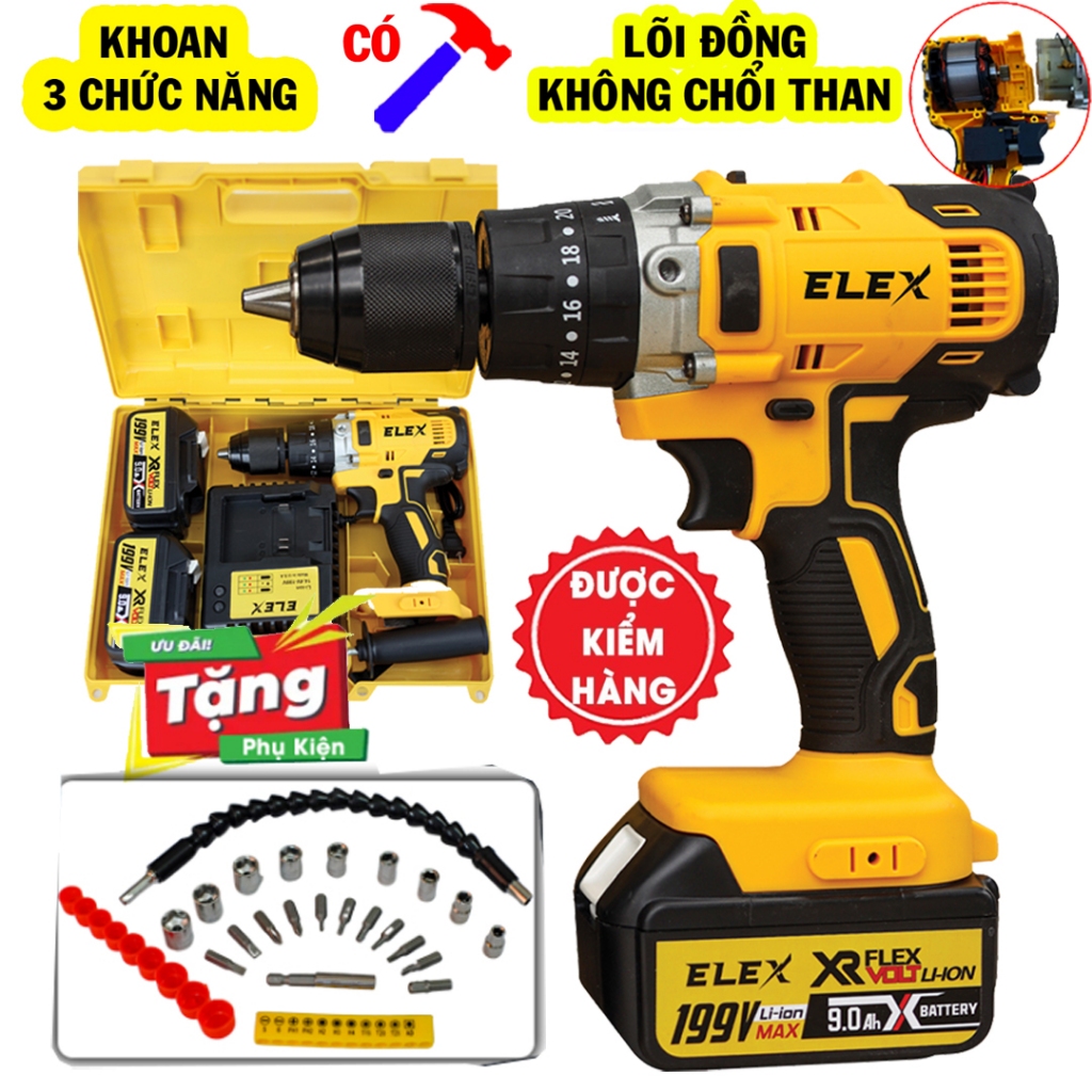 Máy Khoan Pin ELEX Chuyên Dụng 199V AutoLock 13 Ly Pin 10 CELL Không Chổi Than Có Búa - Chuyên ...