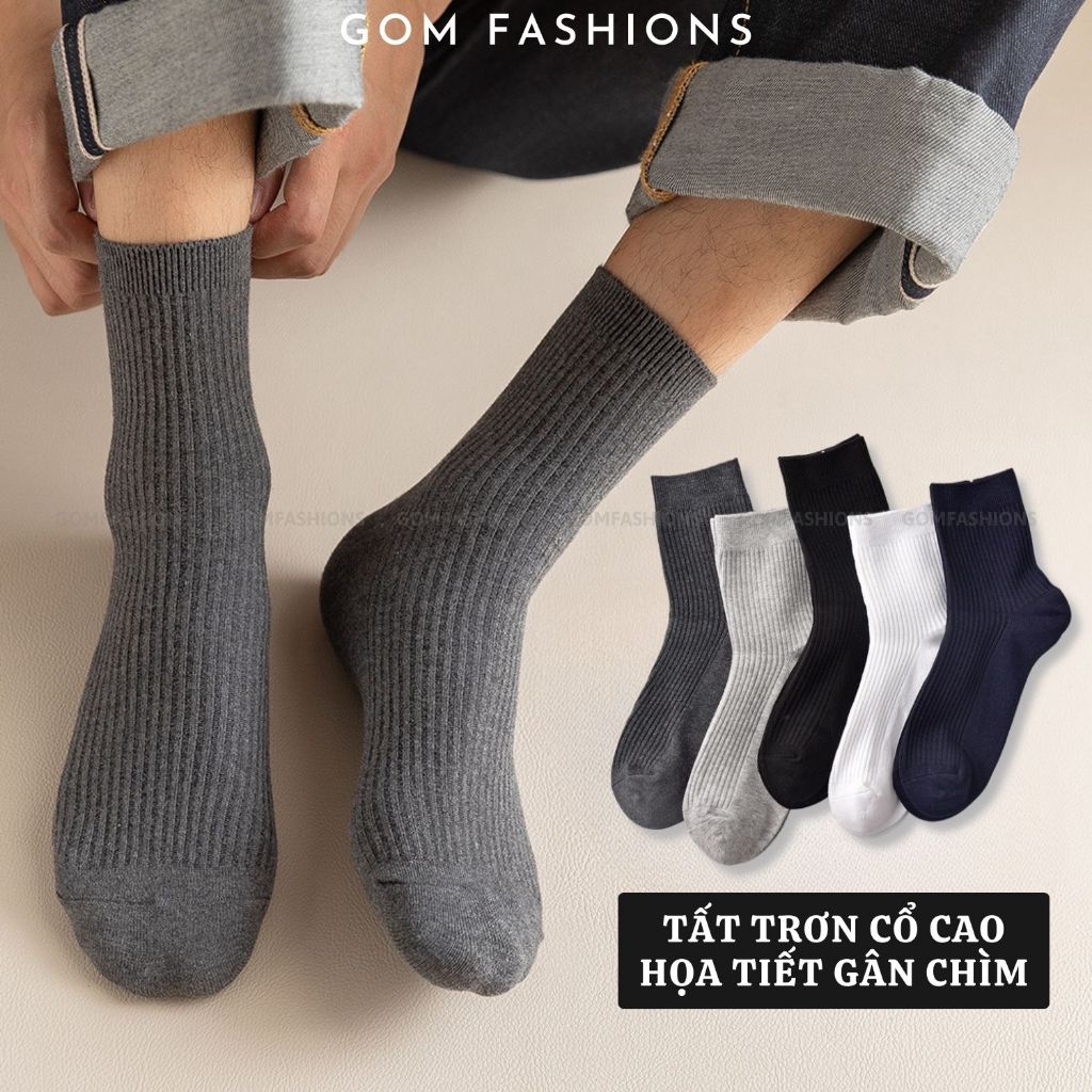 Tất nam nữ cổ cao GOMTAT họa tiết gân chìm, vớ trắng đen trơn, cổ trung ...