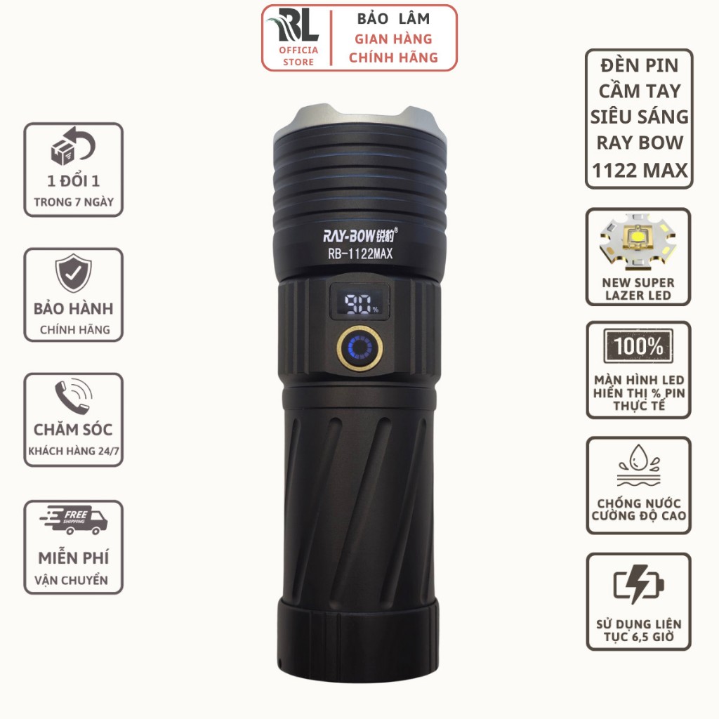 Đèn pin siêu sáng RAY BOW 1122 MAX chiếu xa 700 mét có ZOOM sáng xa gần ...