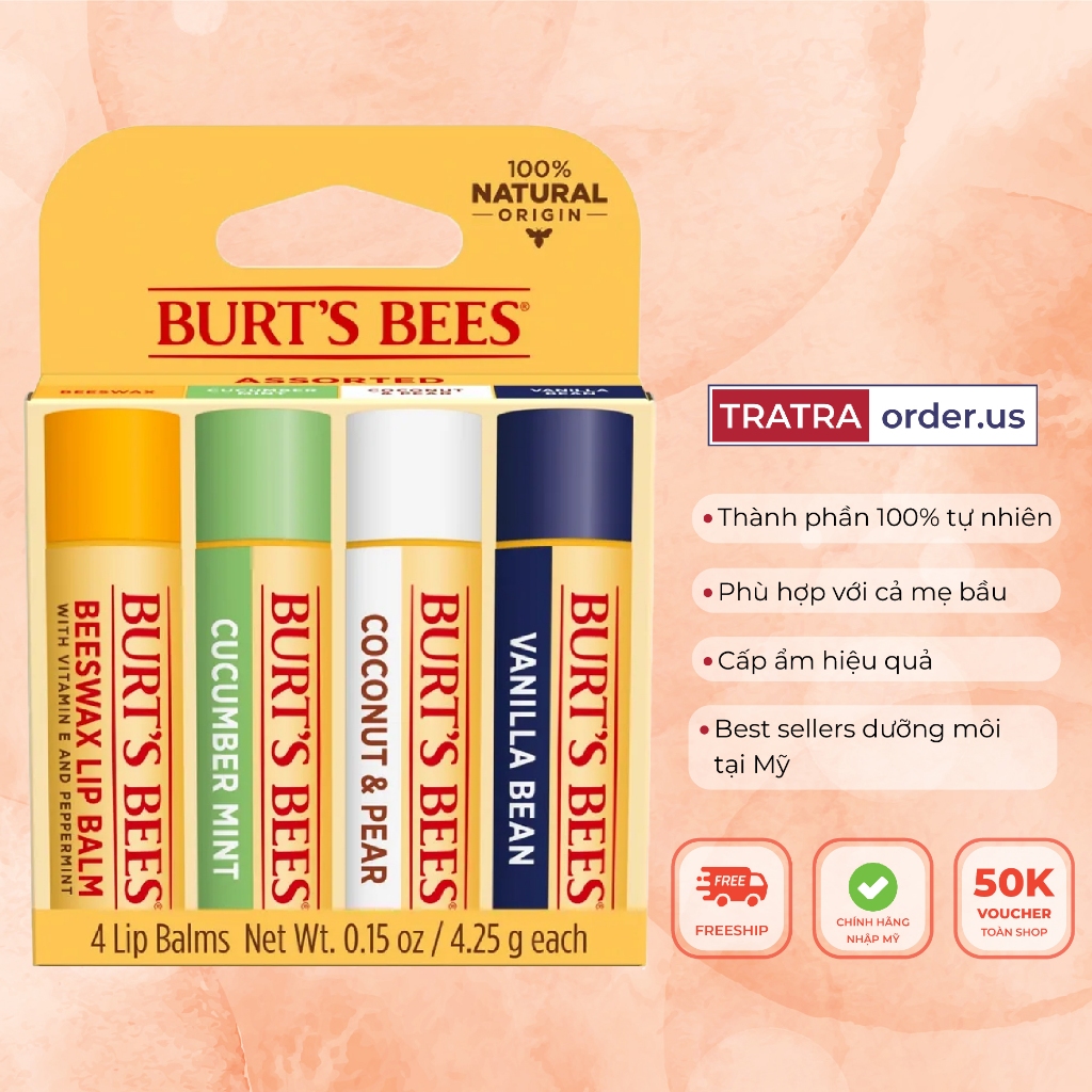 Son dưỡng môi Burt’s Bees Lip Balm không màu 100% thành phần thiên ...