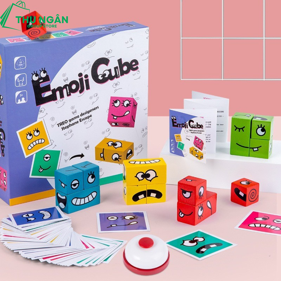 Bộ đồ chơi xếp hình khối gỗ Emoji cube, Hộp giấy cứng khuôn mặt vui nhộn cho bé tăng cường trí ...