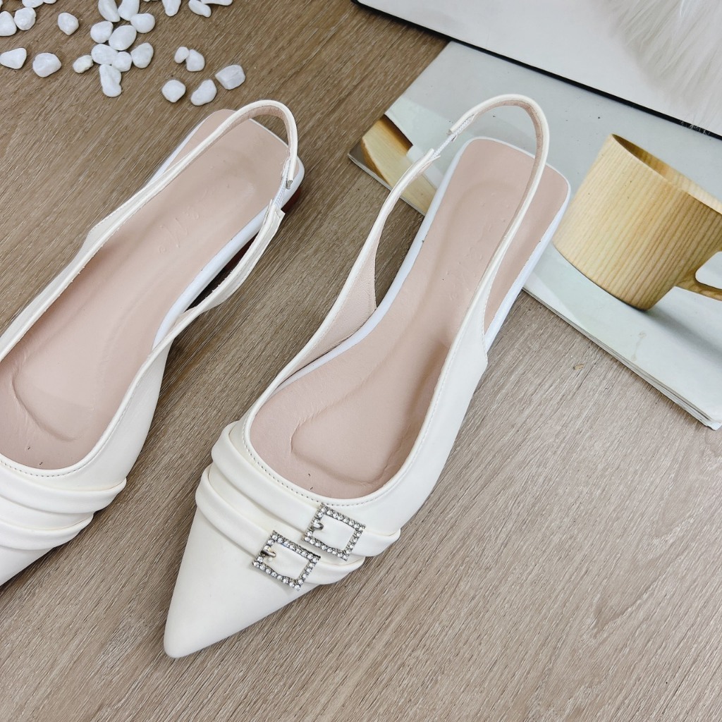 ZZ99- Giày sandal nữ mũi nhọn chất da, 2 khóa vuông đế 3cm, 2 màu, kem ...