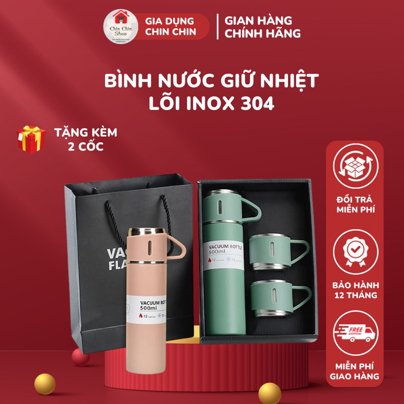 Bình nước giữ nhiệt 500ml cao cấp lõi inox 304 tặng kèm 2 cốc cách nhiệt | Shopee Việt Nam