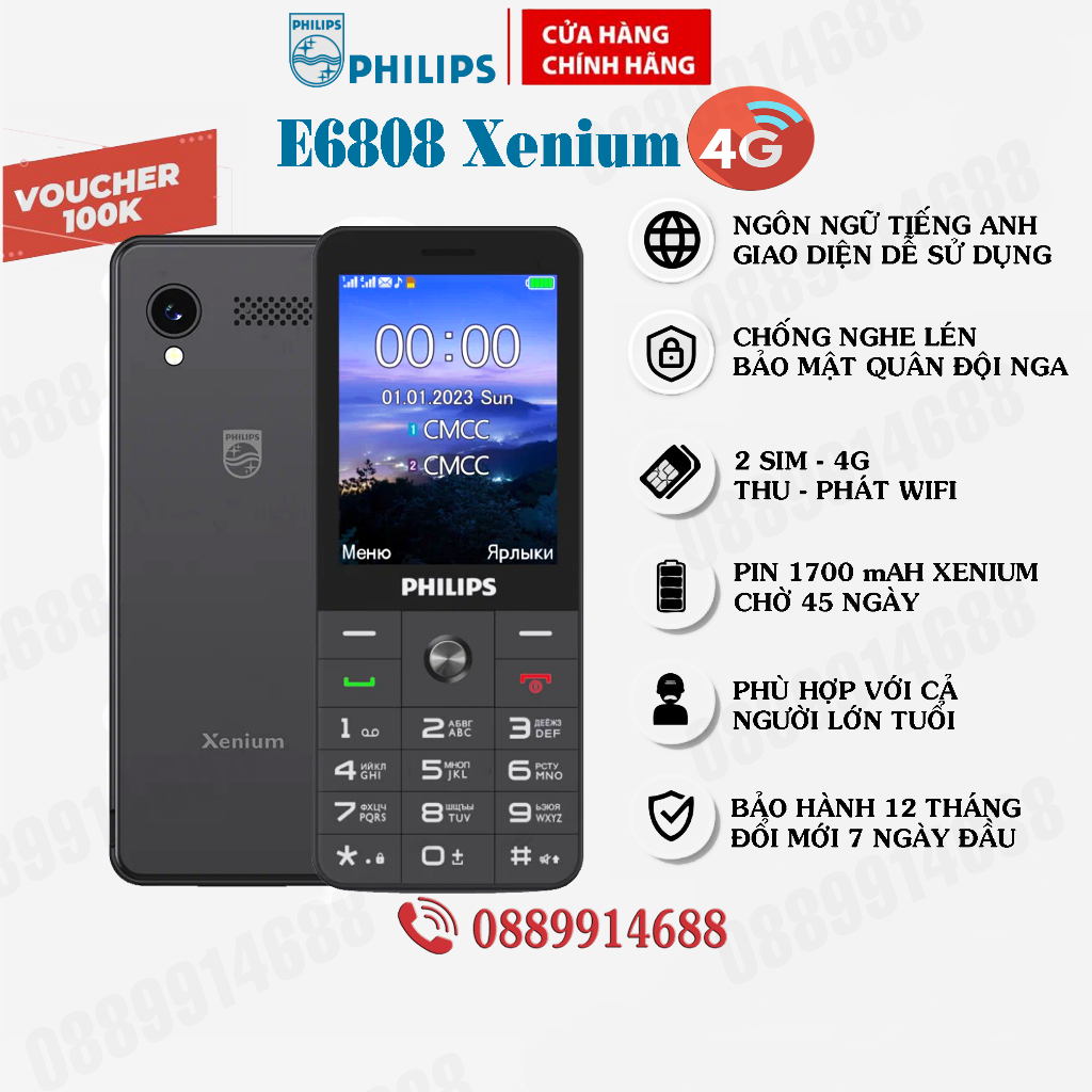 Điện thoại Philips Xenium E6808 4G, Thu Phát WIFI, 2Sim-Chống nghe lén, Pin 45ngày, , chính hãng ...