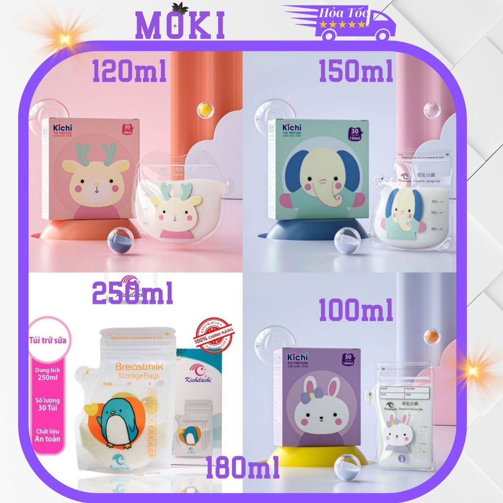 Túi trữ sữa Kichilachi cảm biến nhiệt 100ml 250ml 120ml, 150ml, 180ml chống rò rỉ Moki Store ...