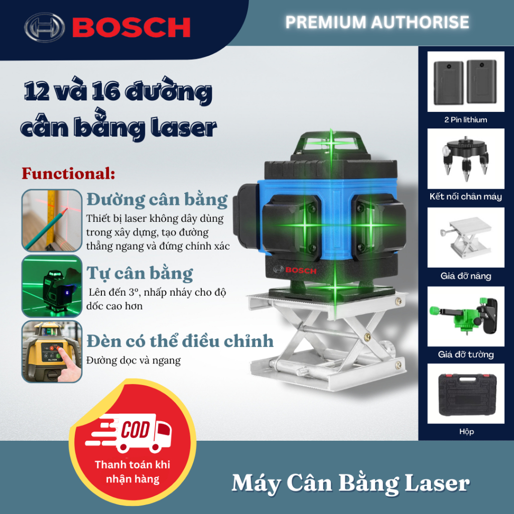 BOSCH 12/16 Line Laser Level Green Light Self-Leveling 360° Rotary ...
