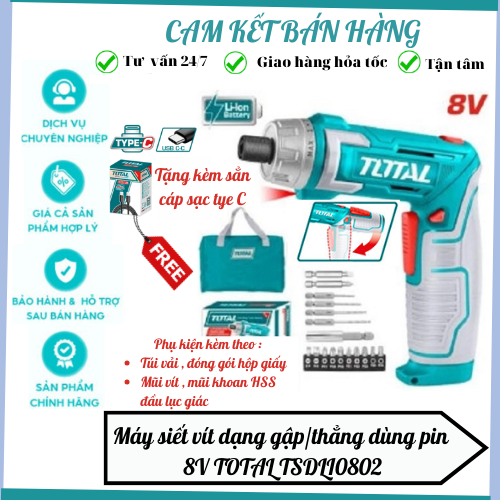 Máy Siết Vít Gập Dùng Pin 8V TOTAL TSDLI0802 tặng Kèm Sạc Type C mô men ...