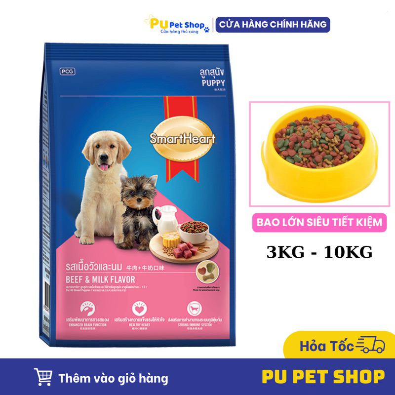 [3KG - 10KG] Thức Ăn Hạt Cho Chó Con Smartheart Puppy Vị Bò Và Sữa - Dưỡng lông và da, Giúp Tim ...