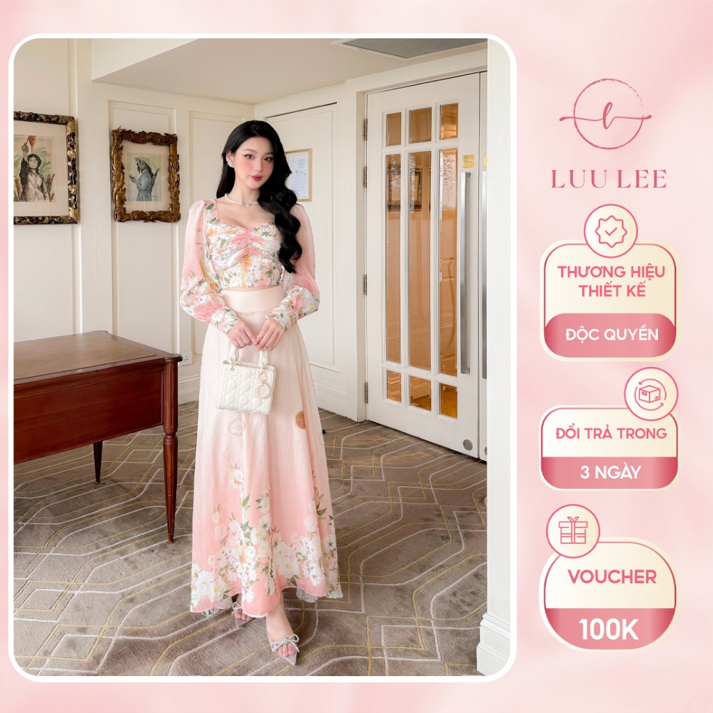 Set Váy Nữ Tằm Gân Hoa Hàng Cao Cấp Màu Hồng Cam, Áo Nhún Ngực Tay Bồng ...