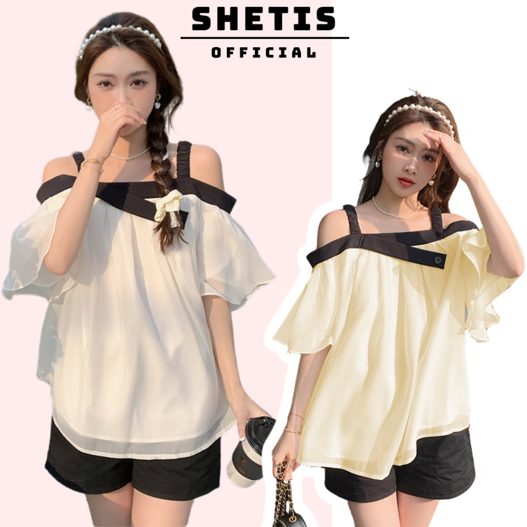 SHETIS_Set Đồ Nữ Áo Trễ Vai Hai Dây Phối Viền Và Quần Short Cạp Thun Có ...