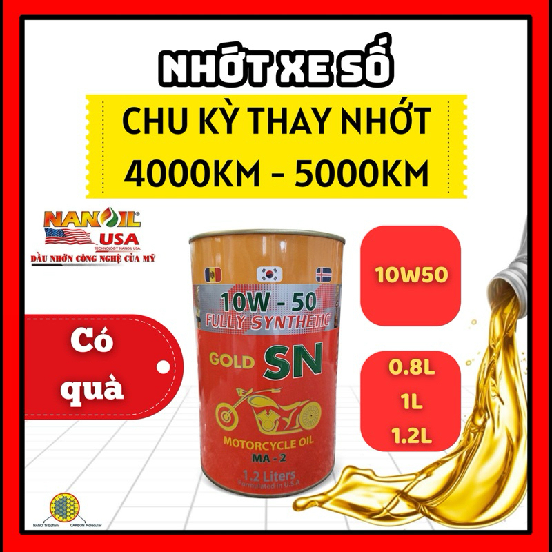 Dầu nhớt xe số NANOIL USA 10W50 GOLD SN (0.8L-1L-1.2L) (bao bì lon thiếc) 100% dầu tổng hợp ...
