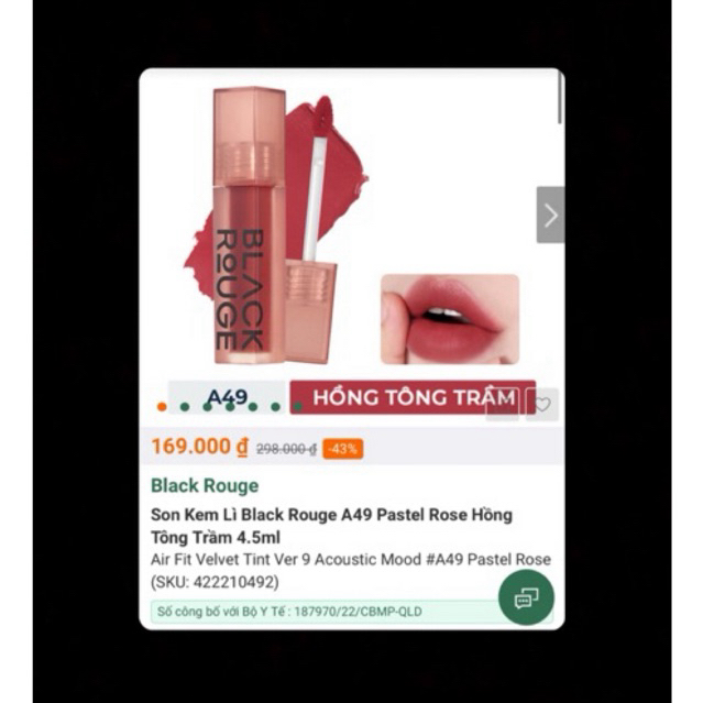 [PASS SON] Son Black Rouge Air Fit Velvet Tint Ver 9 màu a49 | Shopee Việt Nam