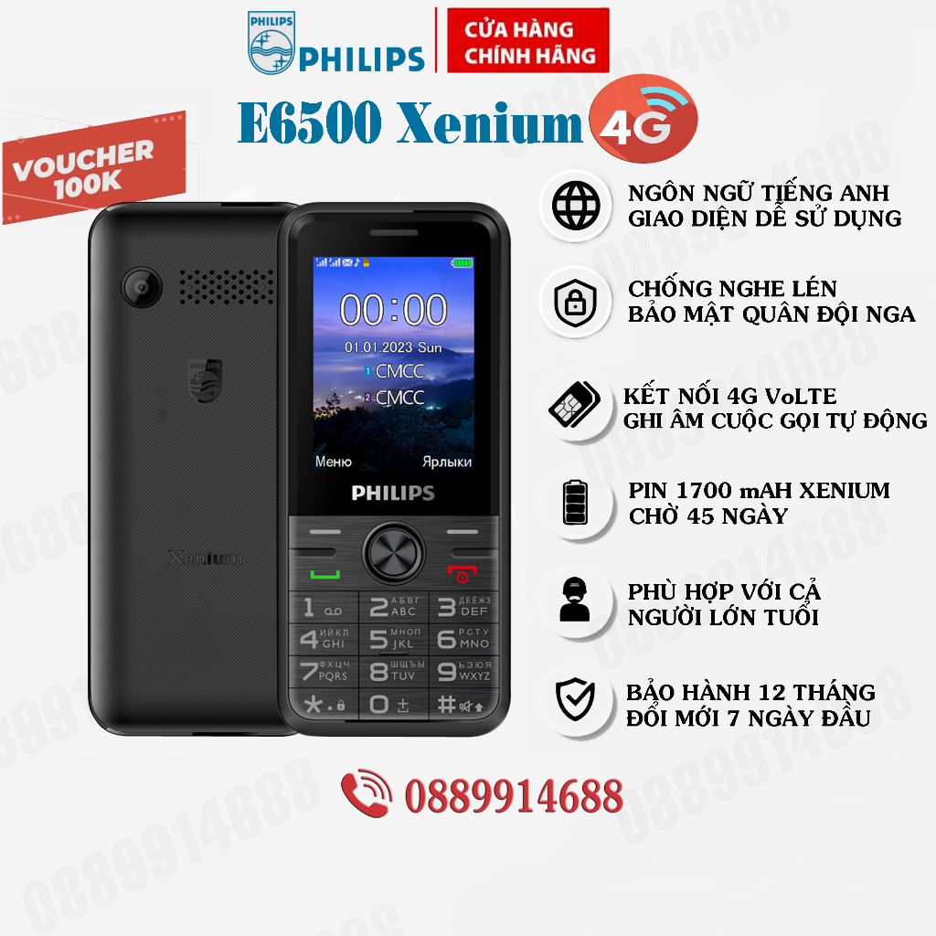 Điện thoại Philips Xenium E6500 4G nhỏ gọn, Chống nghe lén, Pin 45ngày, 2Sim, chính hãng Nga ...