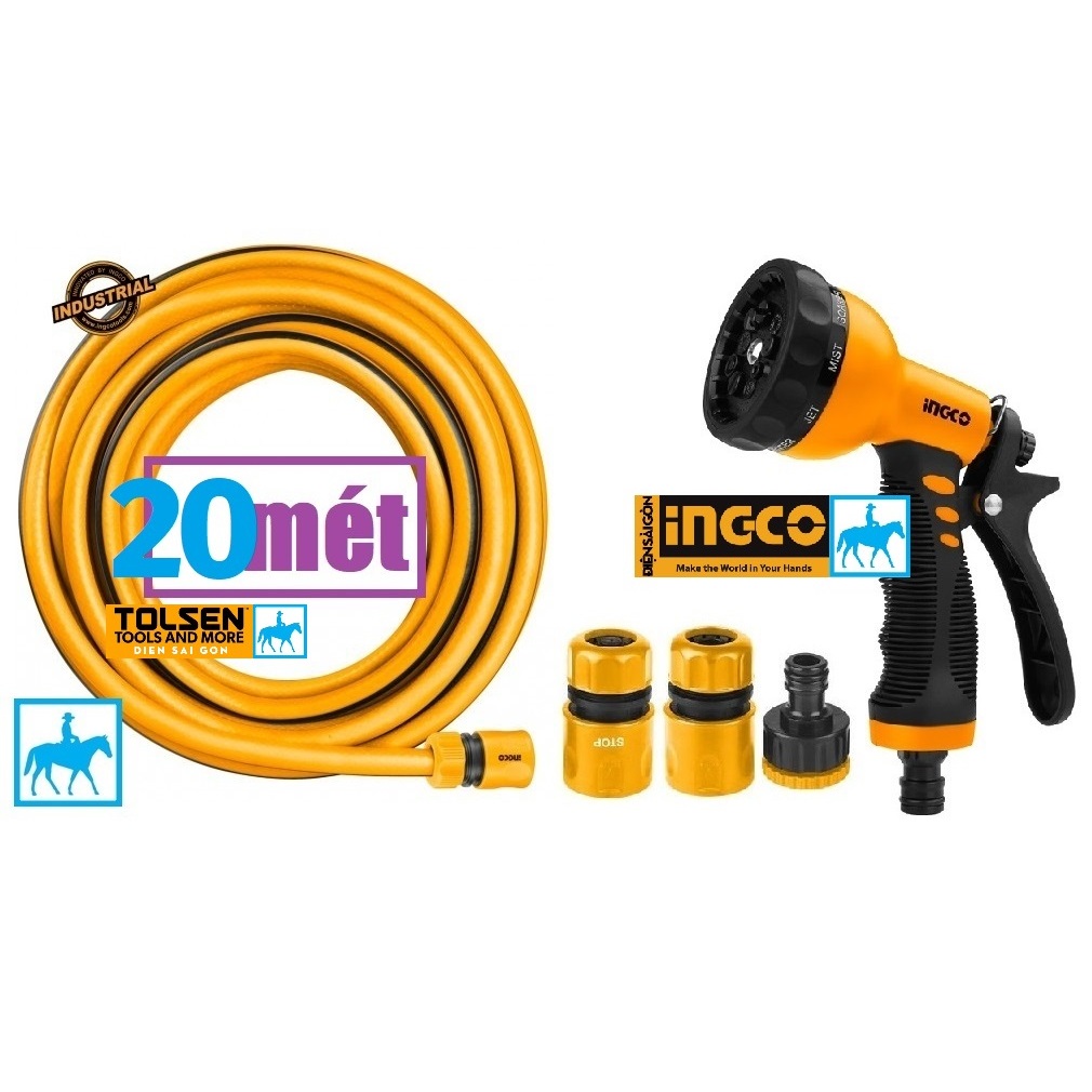 INGCO Bộ 10 mét ống nhựa PVC khớp nối vòi xịt rữa tưới cây 8 tia ...