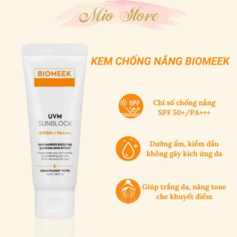 Kem chống nắng Biomeek UVM Sunblock Skin Barrier Boosting Glowing Skin Effect SPF50+/PA ...