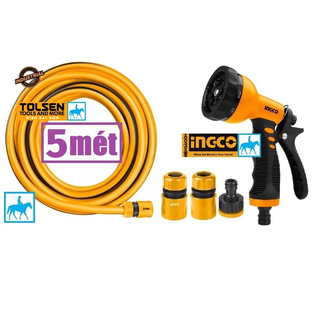 INGCO Bộ 5 mét ống nhựa PVC khớp nối vòi xịt rữa tưới cây 8 tia HPH2001 ...