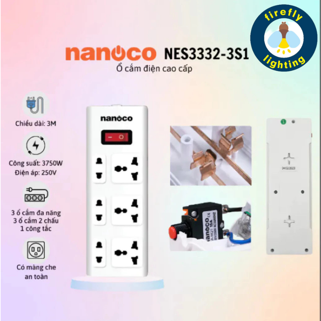 Ổ cắm có dây Nanoco model NES3332-3S1 (3 ổ đa năng, 3 ổ 2 chấu, 1 công ...