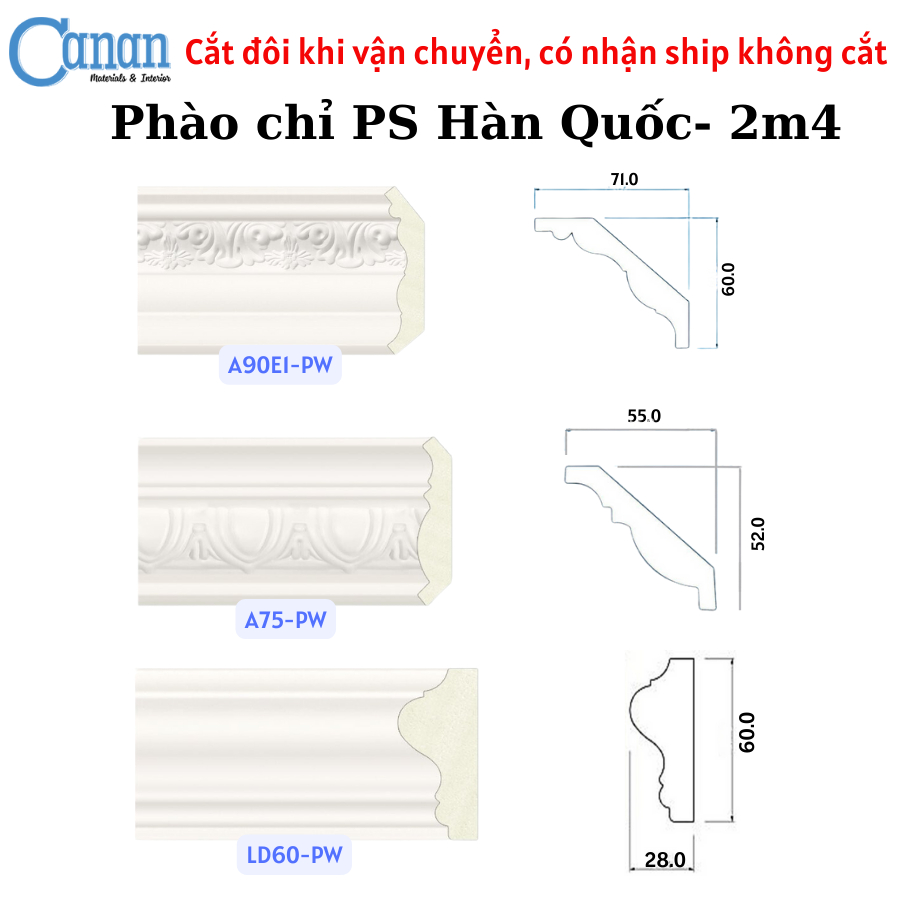Phào chỉ PS Hàn Quốc, phào hoa văn trang trí tường, trần dài 2m4 cắt ...