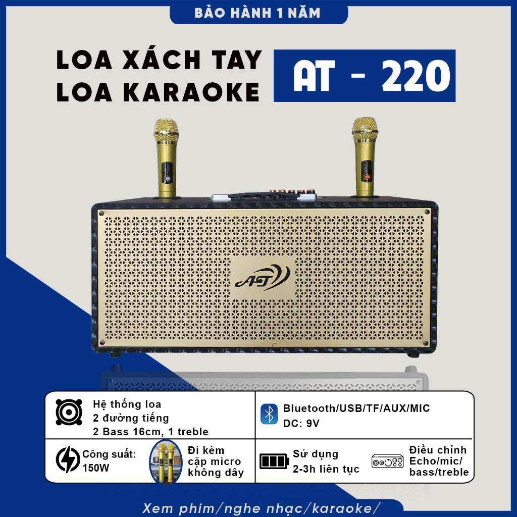 Loa Karaoke AT - 220, công suất 150W, Bass 20cm, tặng kèm 2 micro không dây | Shopee Việt Nam