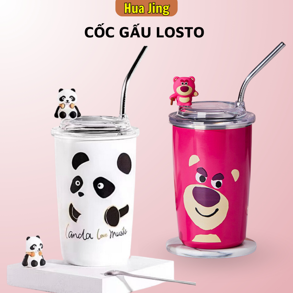 Cốc gấu dâu Losto 450ml, ly giữ nhiệt gấu dâu Losto kèm ống hút bằng ...
