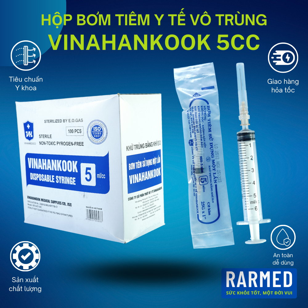 Hộp 100 bơm tiêm y tế 5cc VINAHANKOOK bơm tiêm xilanh 5ml vô trùng ...