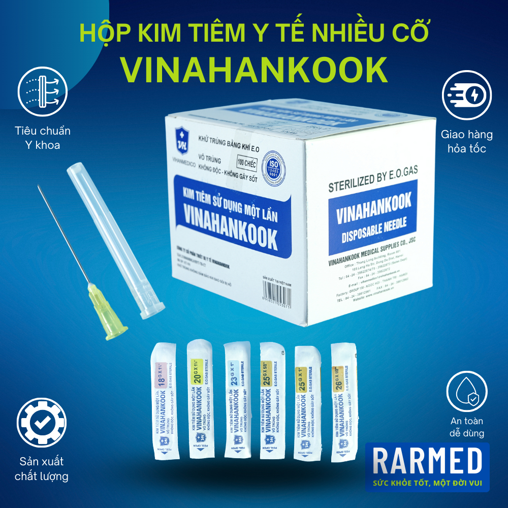 Hộp 100 đầu kim tiêm y tế VINAHANKOOK cho bơm tiêm các loại - Cỡ 26G ...
