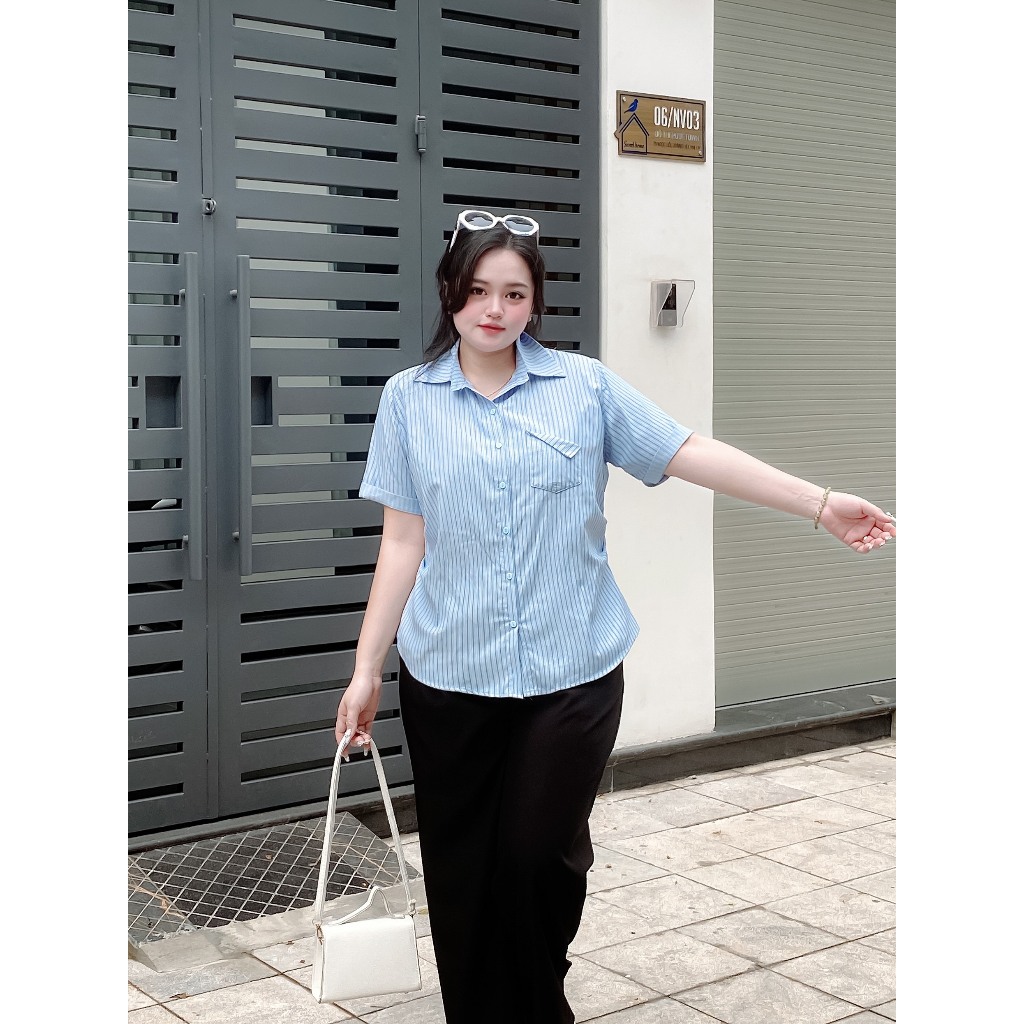 Áo sơ mi ngắn tay kẻ sọc eo xếp ly Bigsize mã SM12 | Shopee Việt Nam