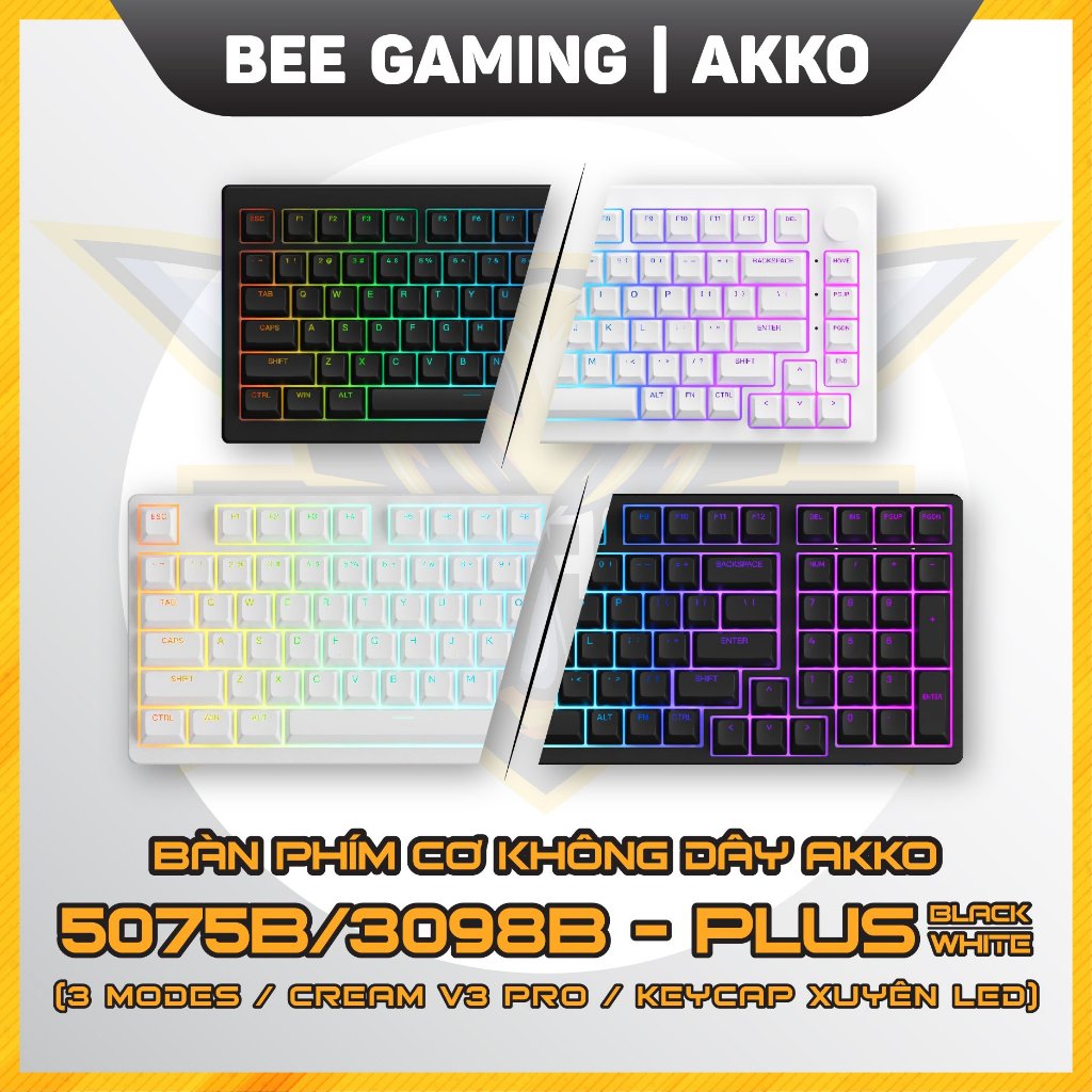 Bàn phím cơ không dây AKKO 5075B / 3098B Plus - Black / White (3 modes kết nối / Cream Switch v3 ...