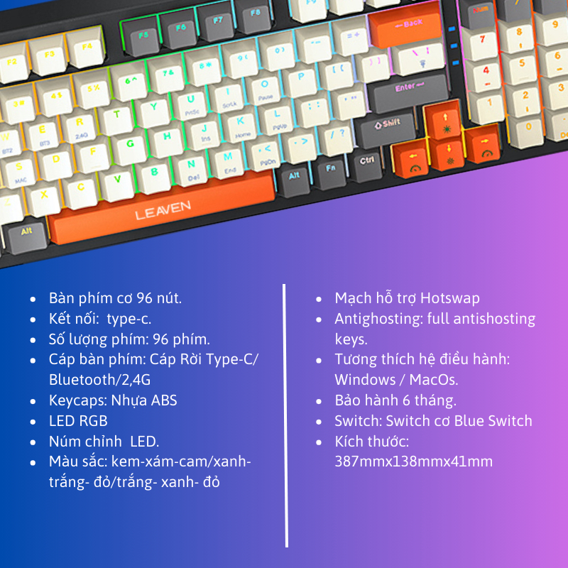 Bàn phím cơ Leaven H96 không dây, Bàn phím cơ Bluetooth 96 phím, hotswap, keycap xuyên LED, LED ...