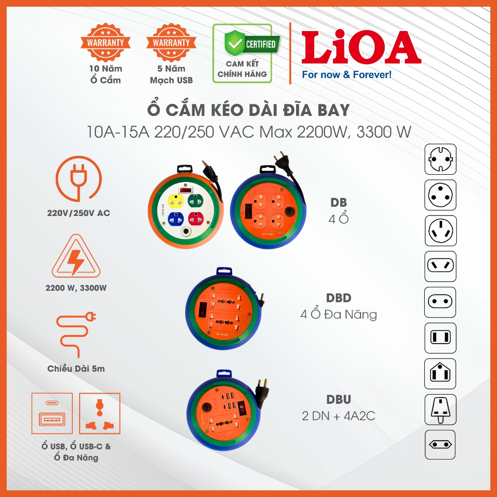 Ổ Cắm Kéo Dài Quay Tay Rulo Kiểu Đĩa Bay LiOA. Công Suất 10A 15A, Ổ Cắm Đa Năng/ USB: Type A ...