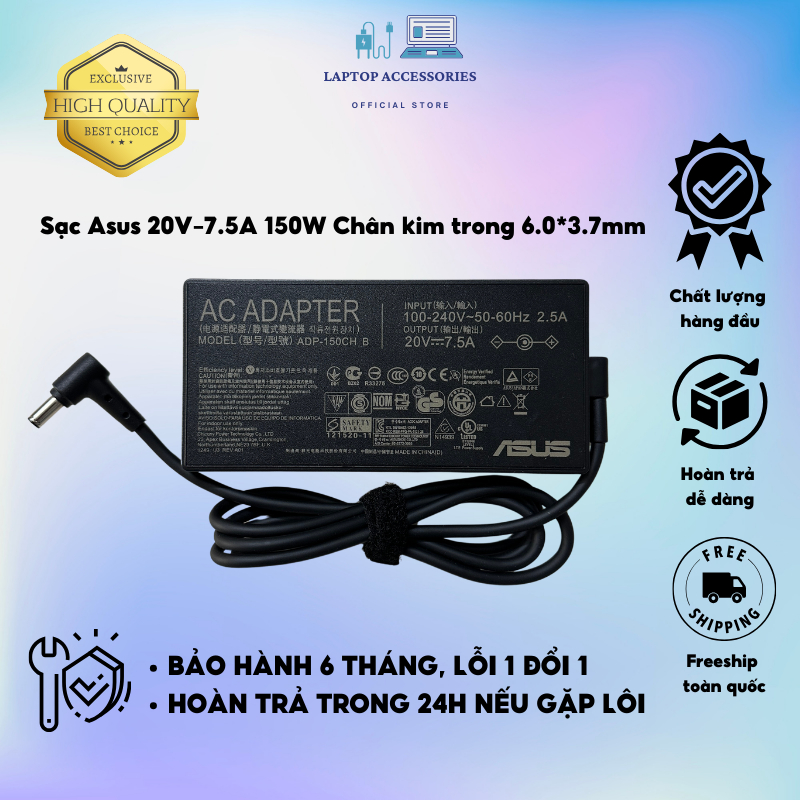 Sạc Asus 20V-7.5A 150w Chân Kim Trong 6.0*3.7mm Zin Cao Cấp Bảo Hành 12 ...