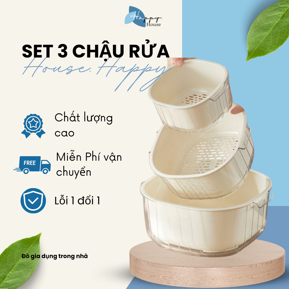 Set 3 Món Chậu Rửa Thiết Kế Hai Lớp Dày Dặn Kèm Rổ, Thau rửa Rau Củ ...