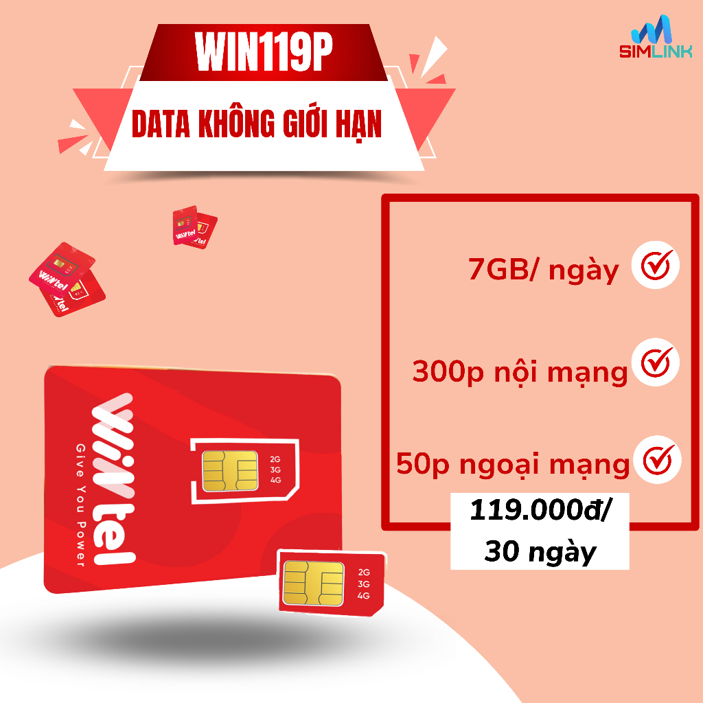 SIM 4G WINTEL WIN119P DATA KHÔNG GIỚI HẠN, Sim 4G VINAPHONE, phát wifi ...