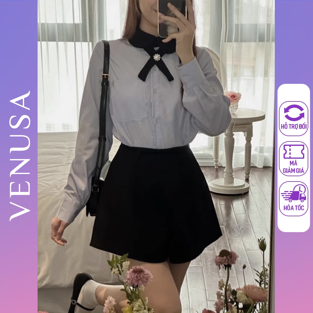 Áo sơ mi nữ BIGSIZE sọc tăm xanh cổ sen kèm dây cài cổ Venusa Store | Shopee Việt Nam