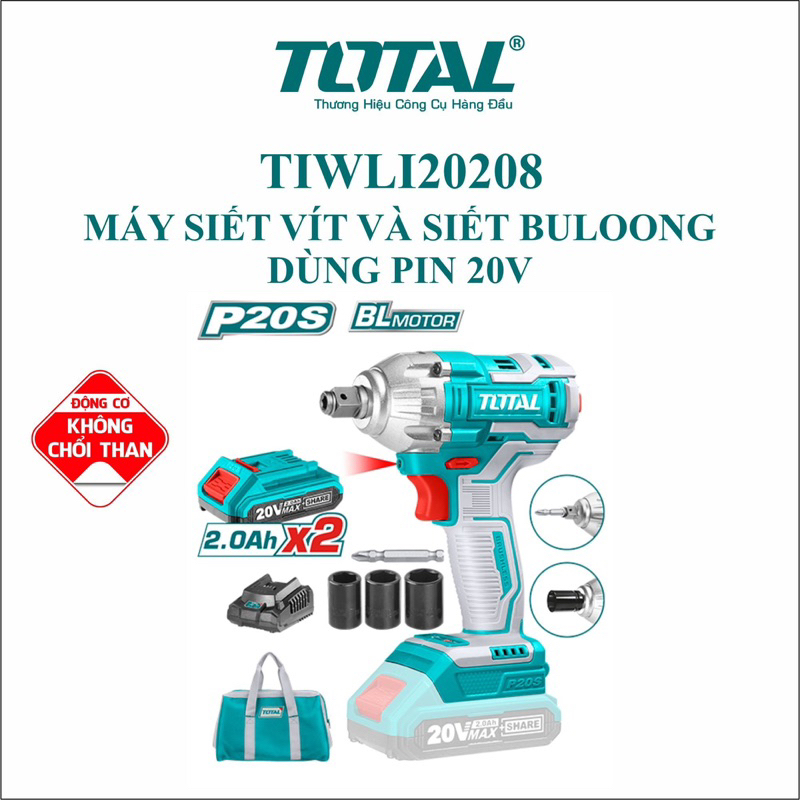 Máy siết vít và siết buloong dùng pin Lithium 20V Total TIWLI20208 ...