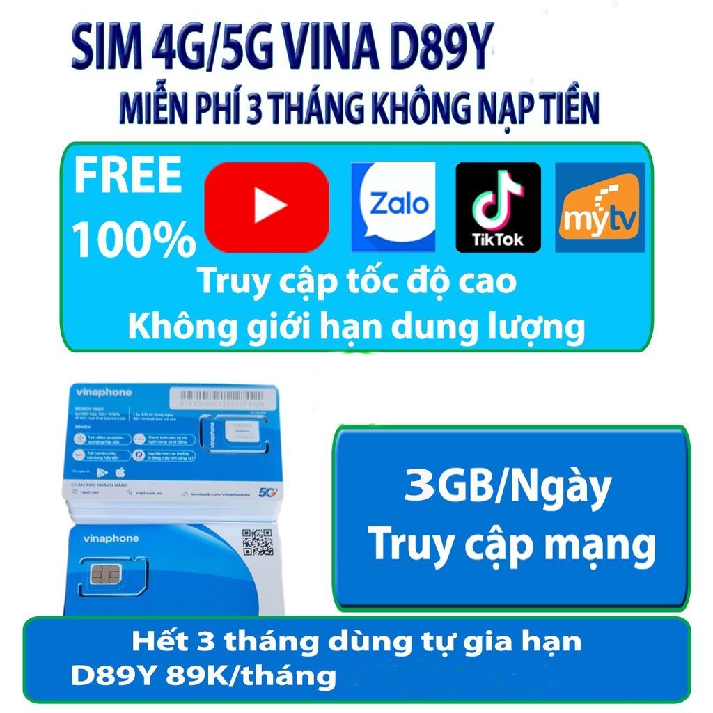 [KHÔNG ĐỐI THỦ] SIM 4G VINAPHONE D89Y 3GB/NGÀY, MIỄN PHÍ VÀO ZALO, YOUTOBE, TIKTOK SỬ DỤNG LIỀN ...